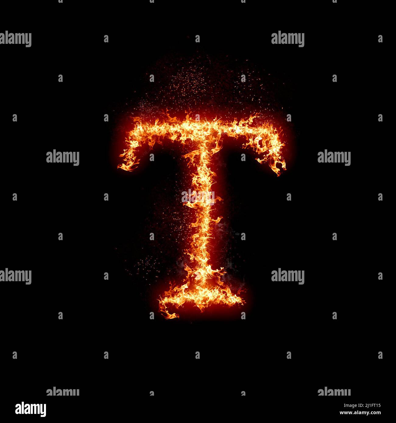 Letter T burning in fire, digital art isolated on black background, a ...