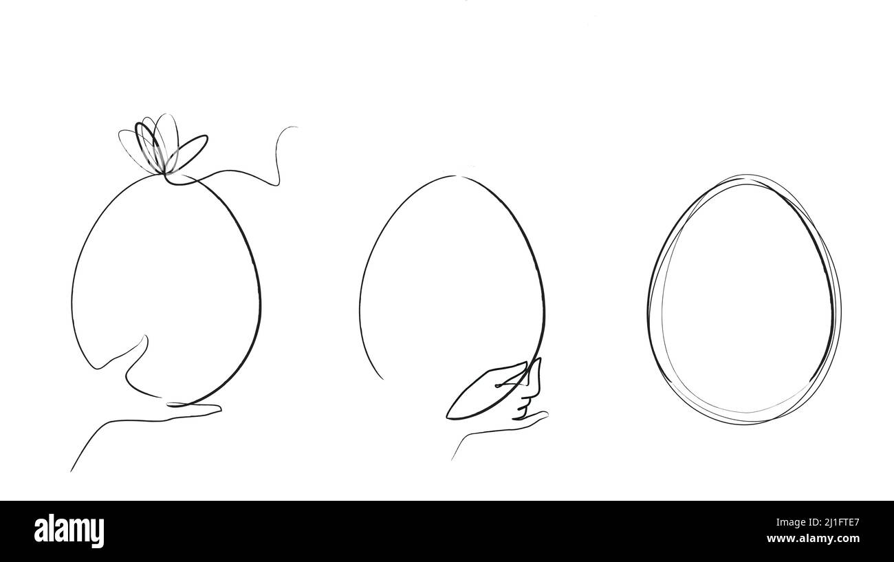hand holding and sketching easter egg with copy space. One line art ...
