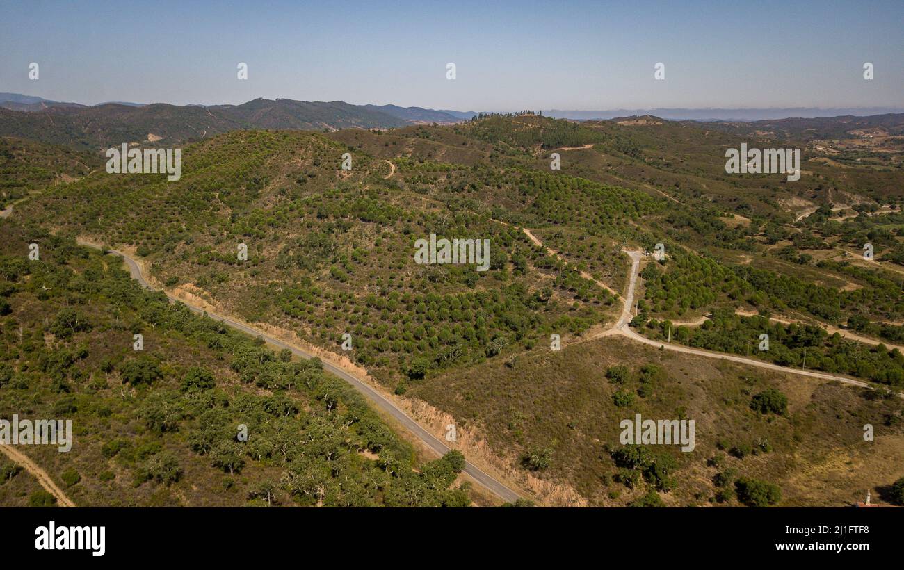 An aerial view of green rural areas in Sao Marcos da Serra in Alentejo ...