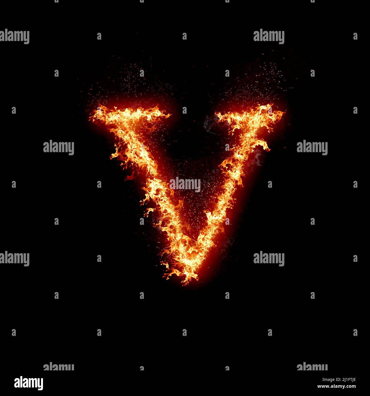 Letter v burning in fire, digital art isolated on black background, a ...