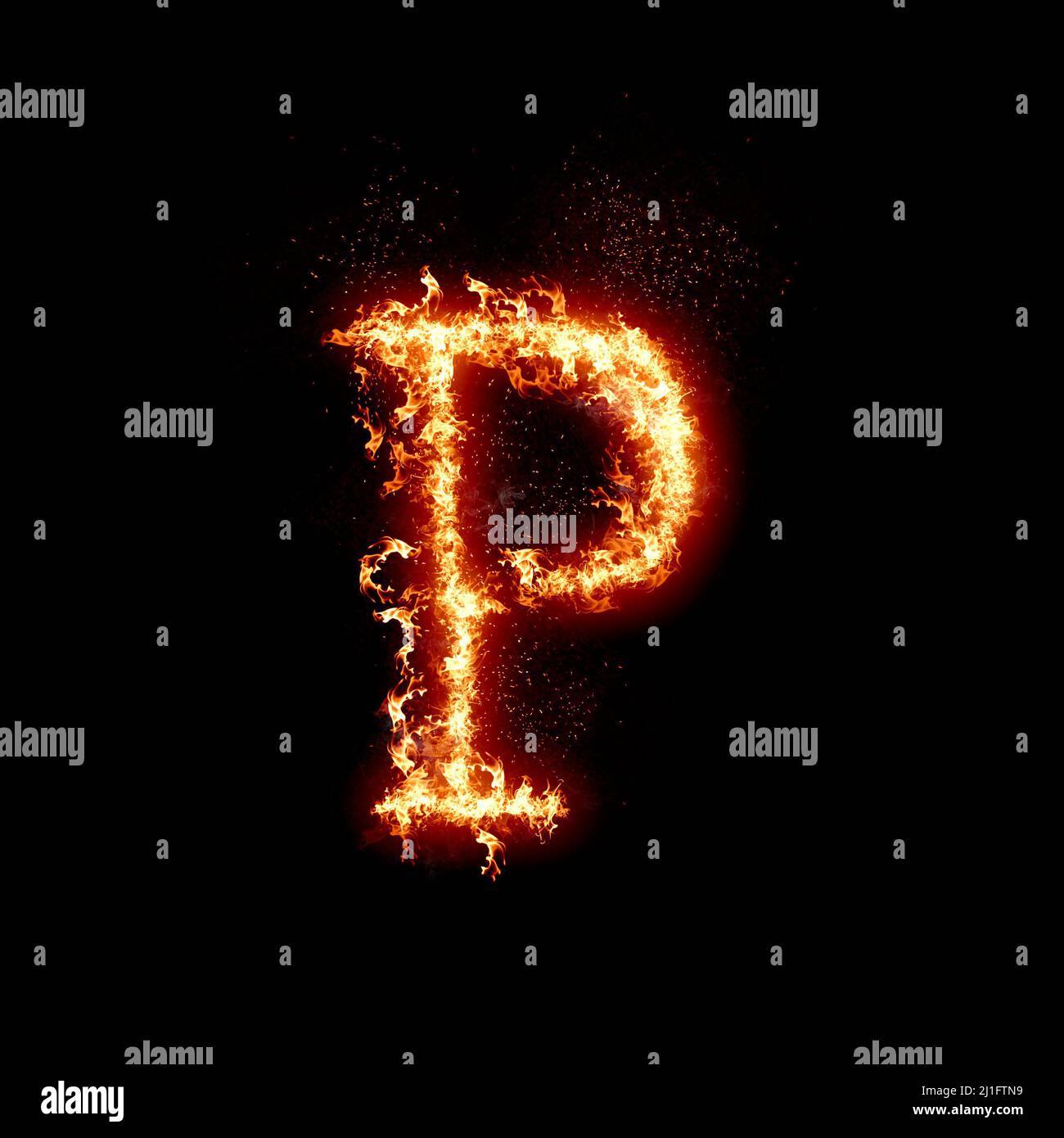 Letter P burning in fire, digital art isolated on black background, a ...