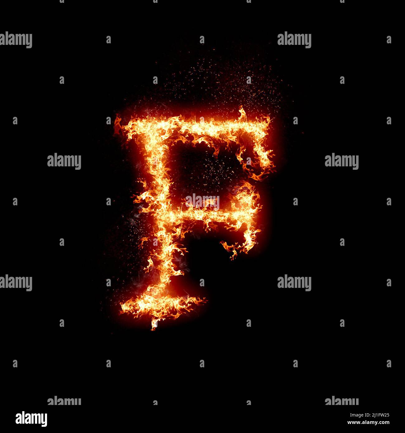 Letter F burning in fire, digital art isolated on black background, a ...