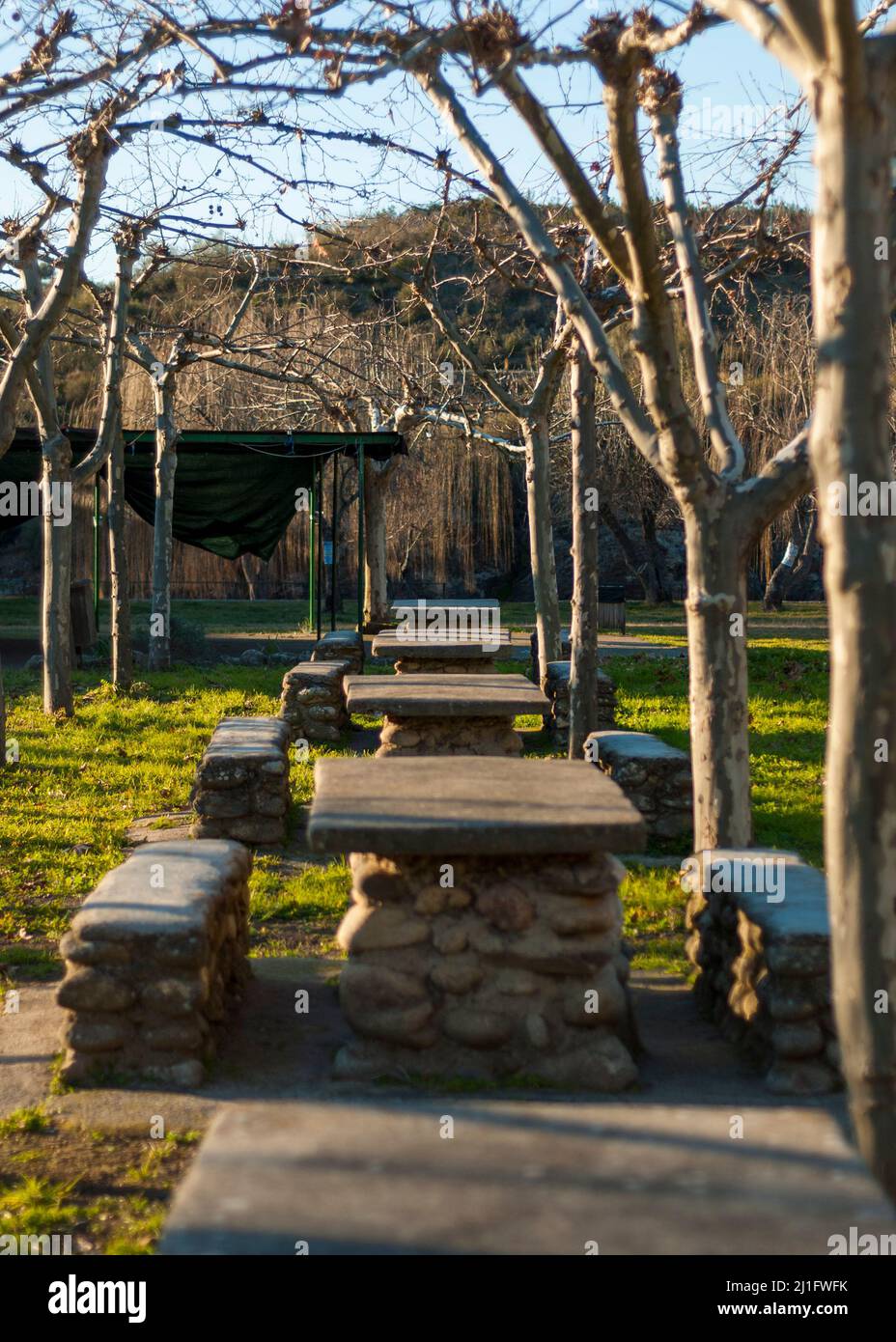 Stone tables in an outdoor picnic area in the shade of the trees in ...
