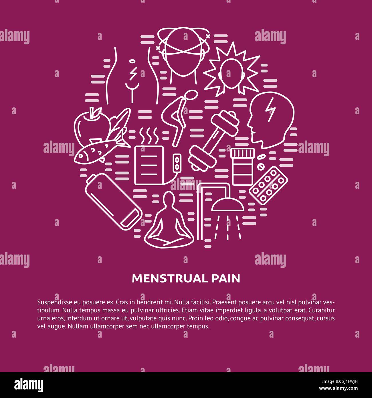 Menstruation round concept banner in line style. Menstrual pain ...