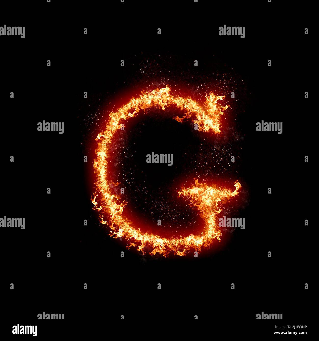 Letter G burning in fire, digital art isolated on black background, a ...