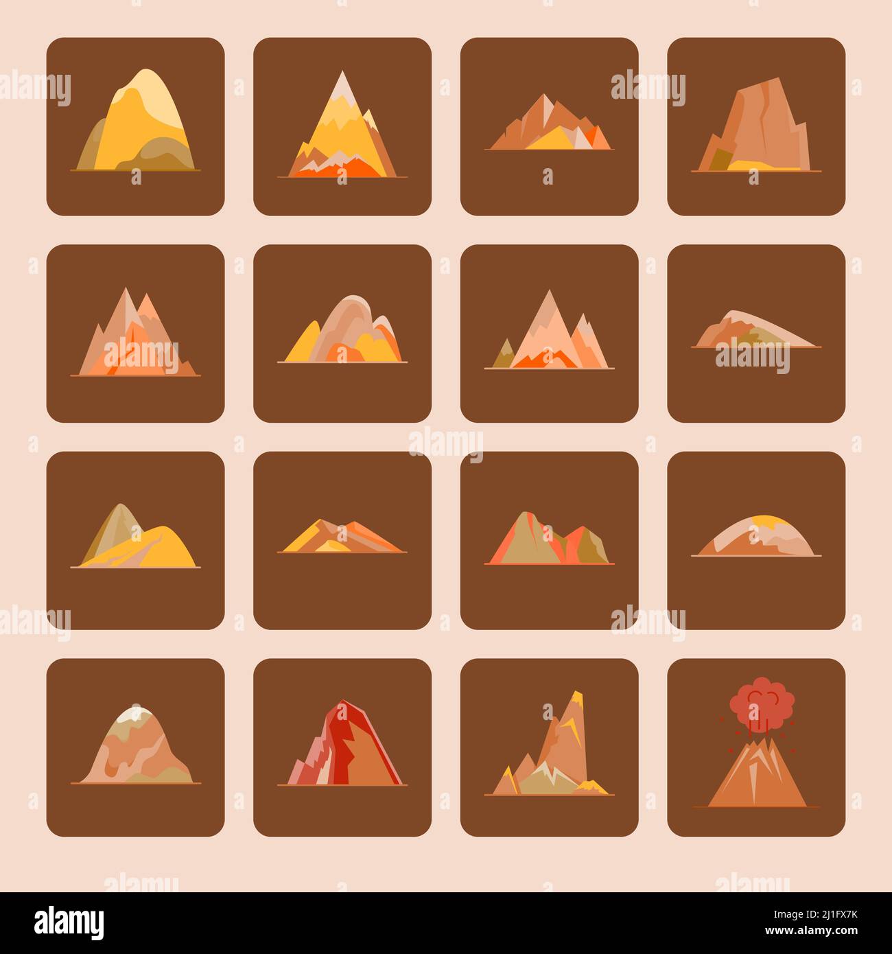Collection of mountain icons in flat style. Different rock and hill ...