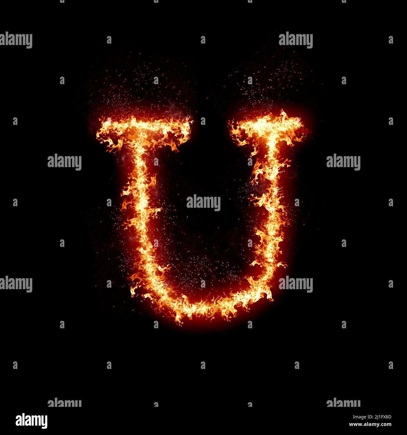 Letter U burning in fire, digital art isolated on black background, a ...
