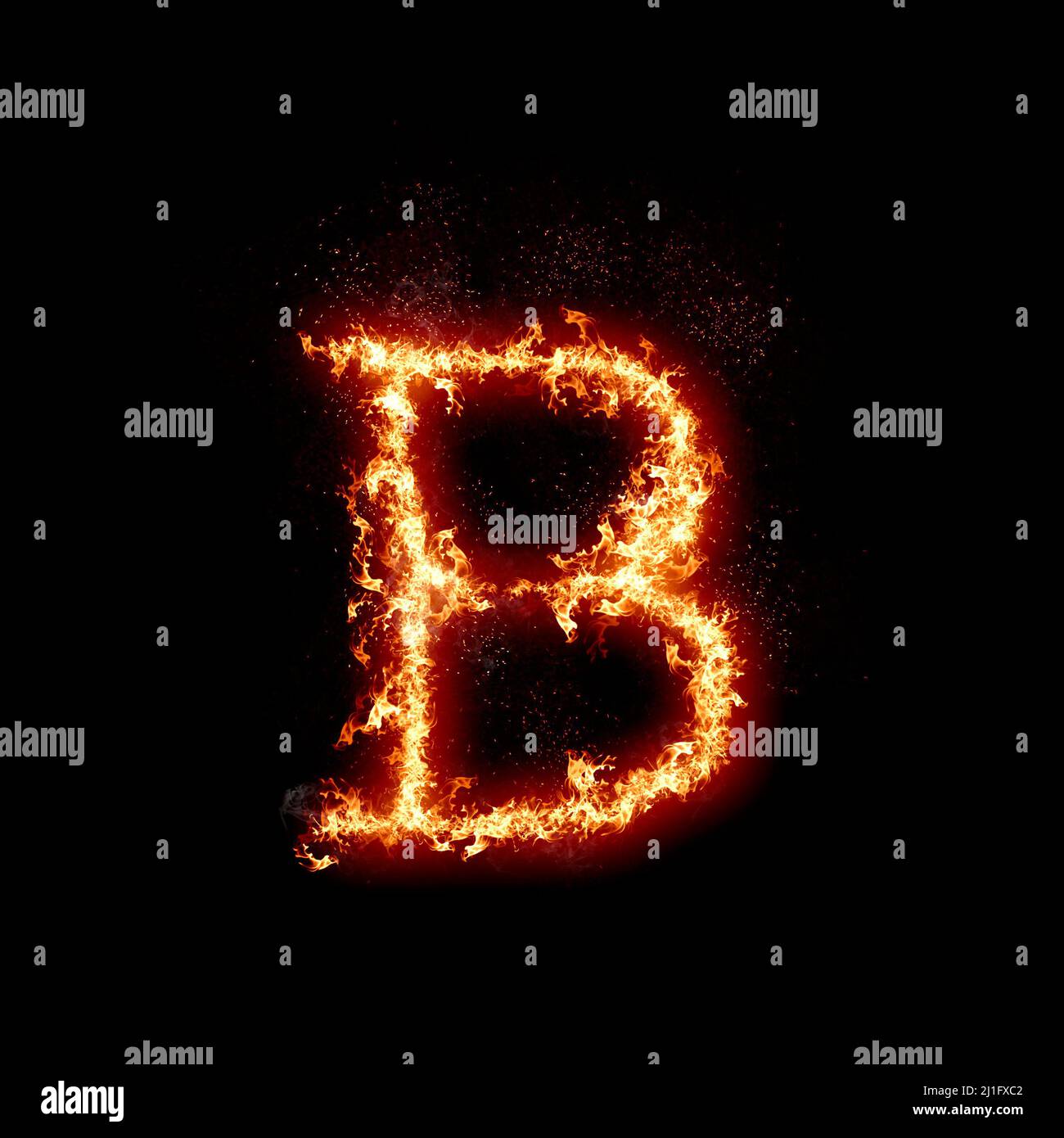 Letter B burning in fire, digital art isolated on black background, a ...