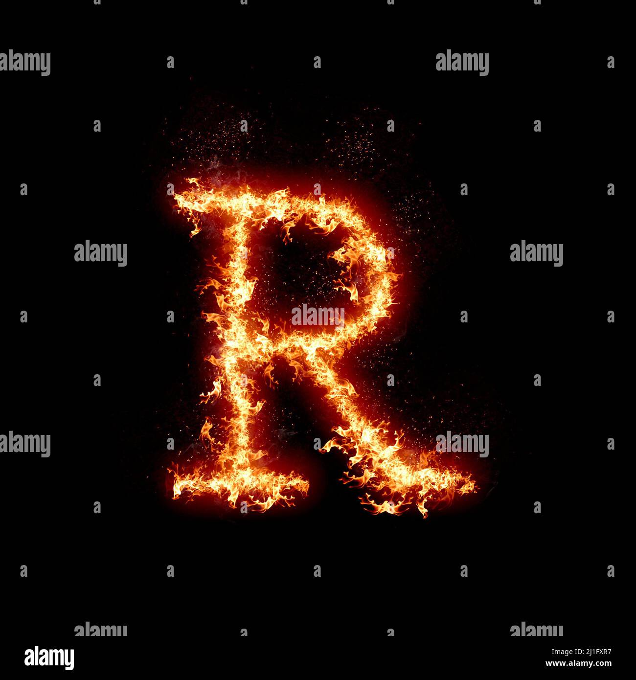 Letter R burning in fire, digital art isolated on black background, a ...