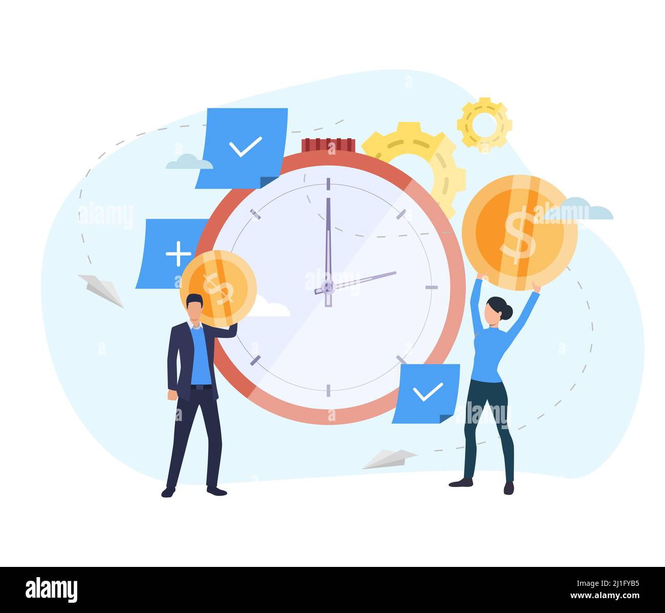 People investing money in watch landing page. Clock, coins, gears. Time ...
