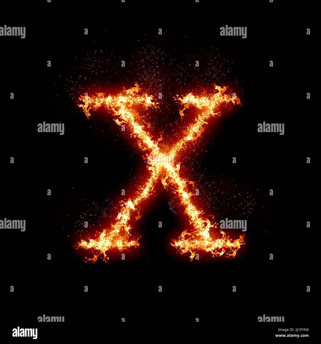 Letter x burning in fire, digital art isolated on black background, a ...
