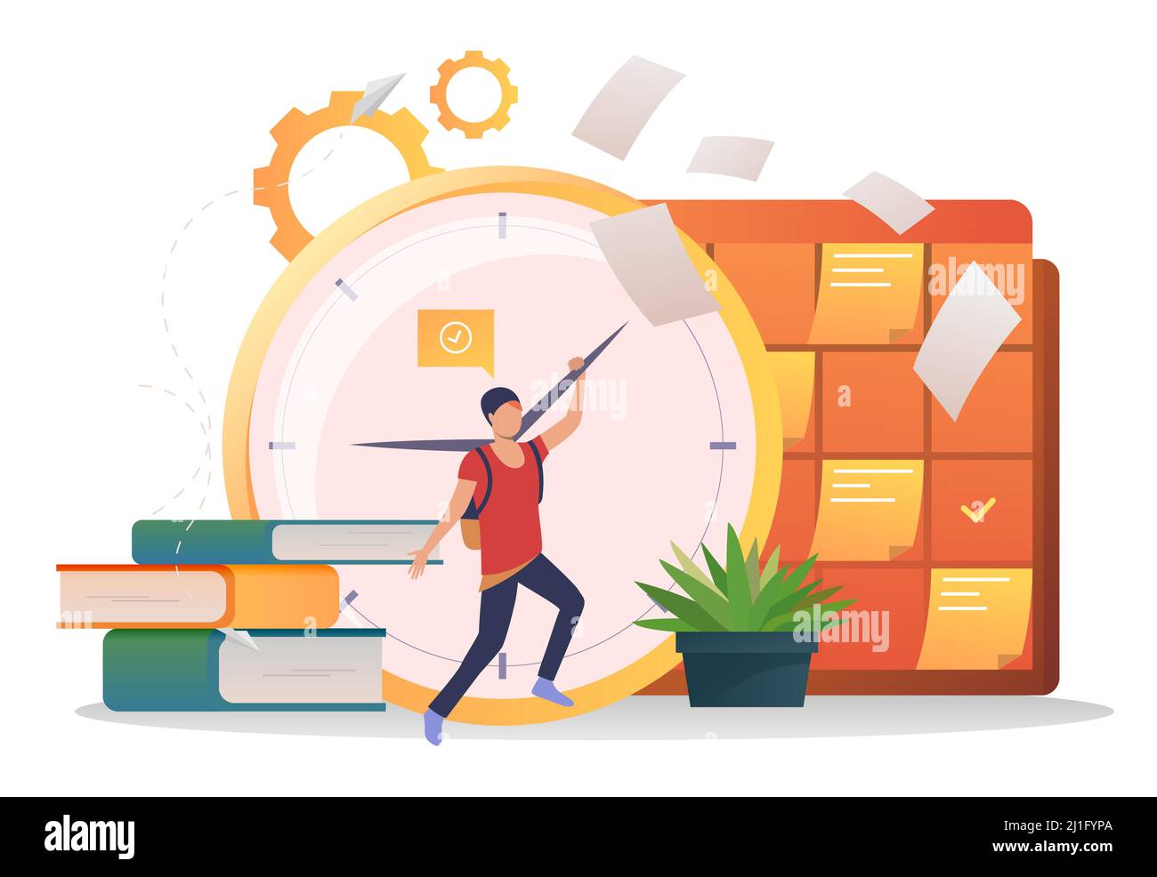 Student moving clock hands. Clock, stack of books, note board, papers ...