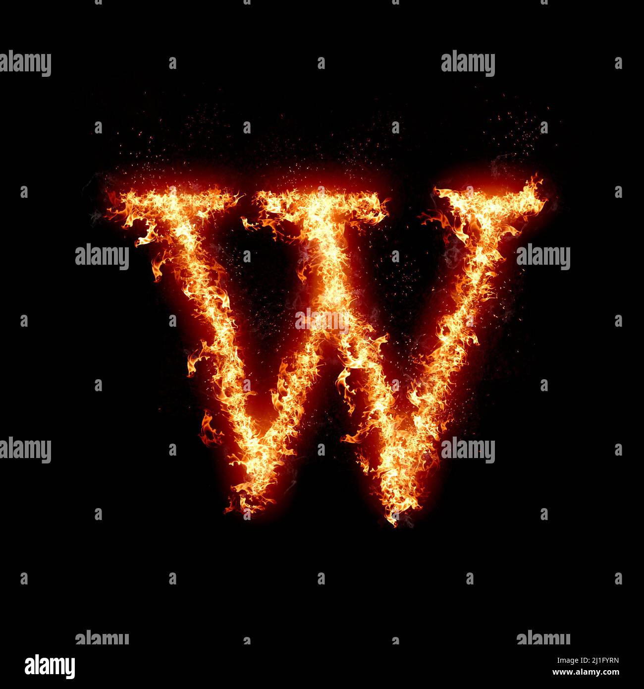 Letter w burning in fire, digital art isolated on black background, a ...