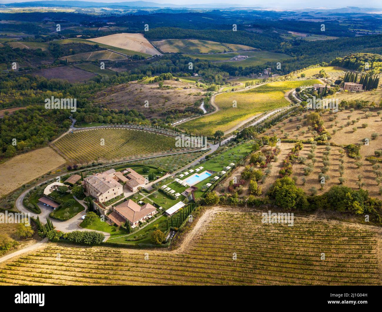 Aerial view of Le Fontanelle Hotel in Castelnuovo Berardenga in the ...
