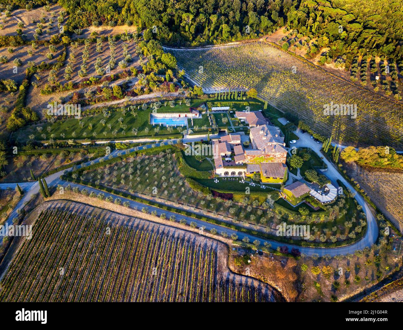 Aerial view of Le Fontanelle Hotel in Castelnuovo Berardenga in the ...