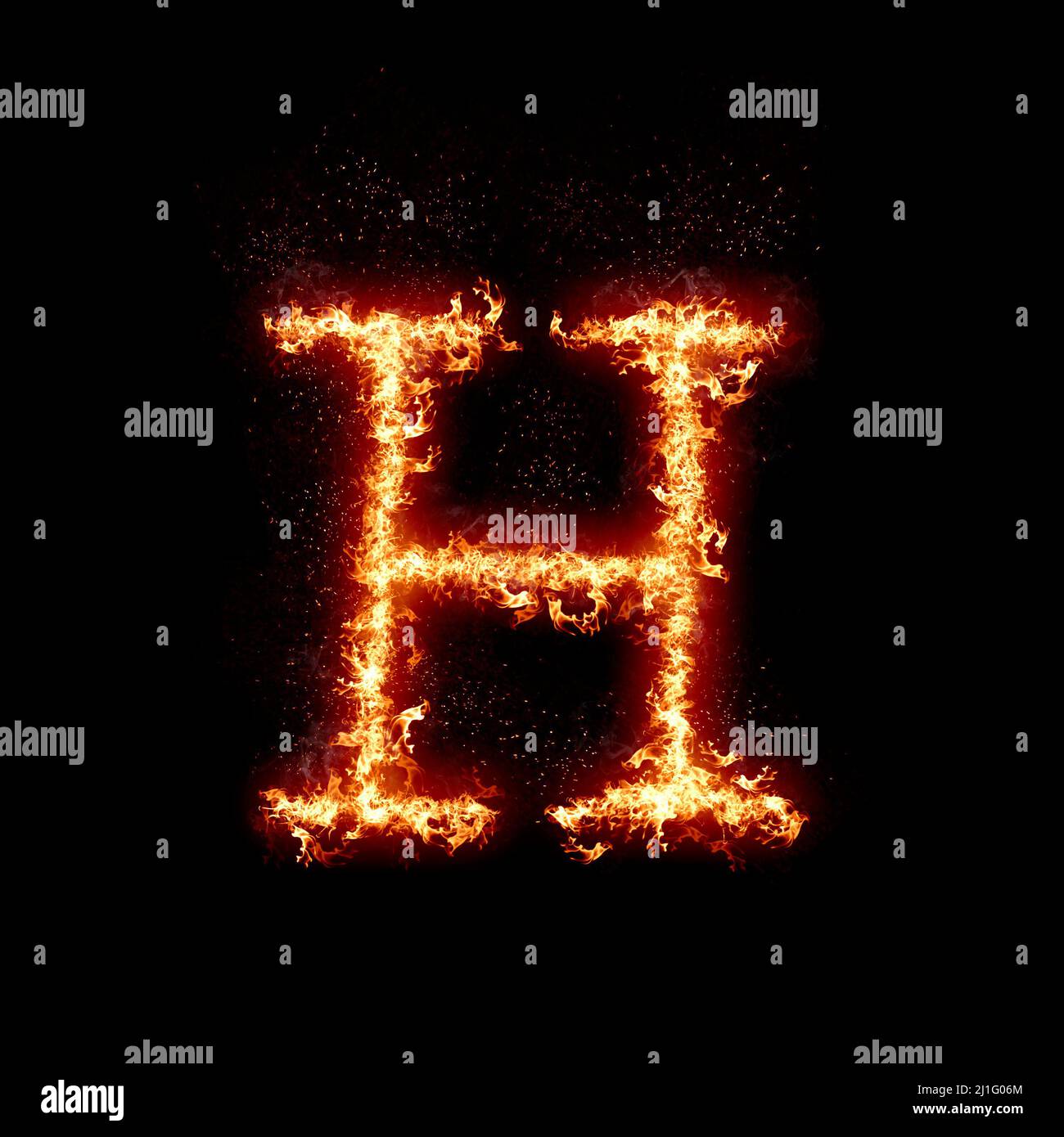 Letter H burning in fire, digital art isolated on black background, a ...