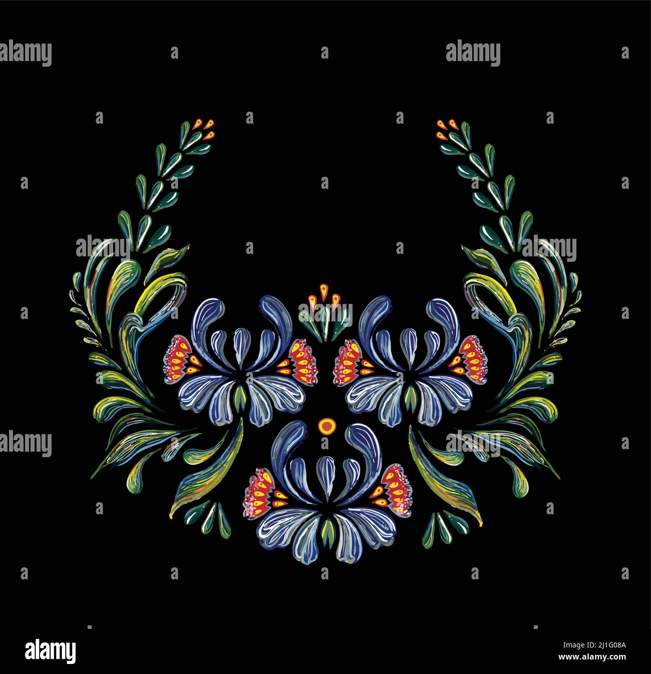 Illustration in folk style on black background. Beautiful border with ...