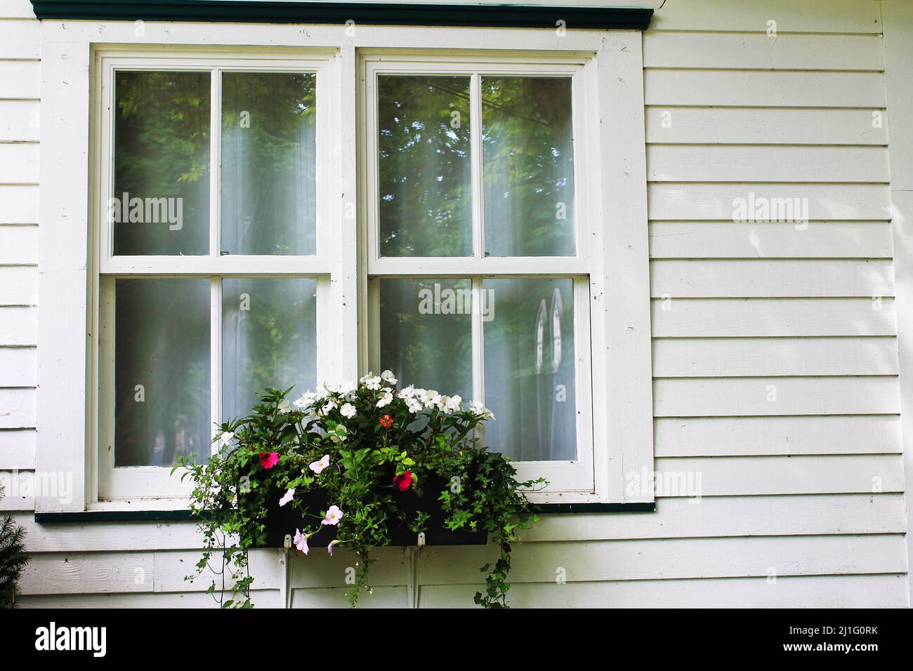 Close-up of an old fashioned window with a flower box Stock Photo - Alamy