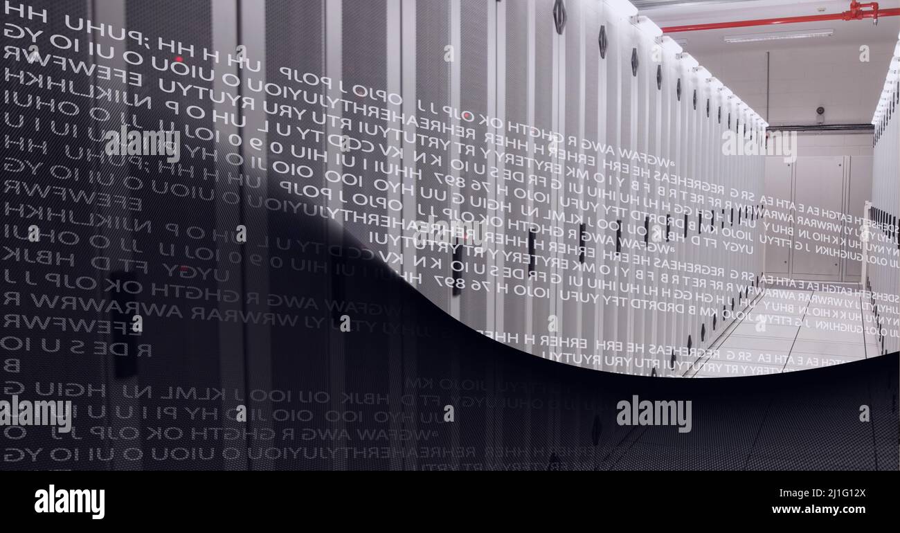 Composition of black copy space, with text data processing over computer server room background ...