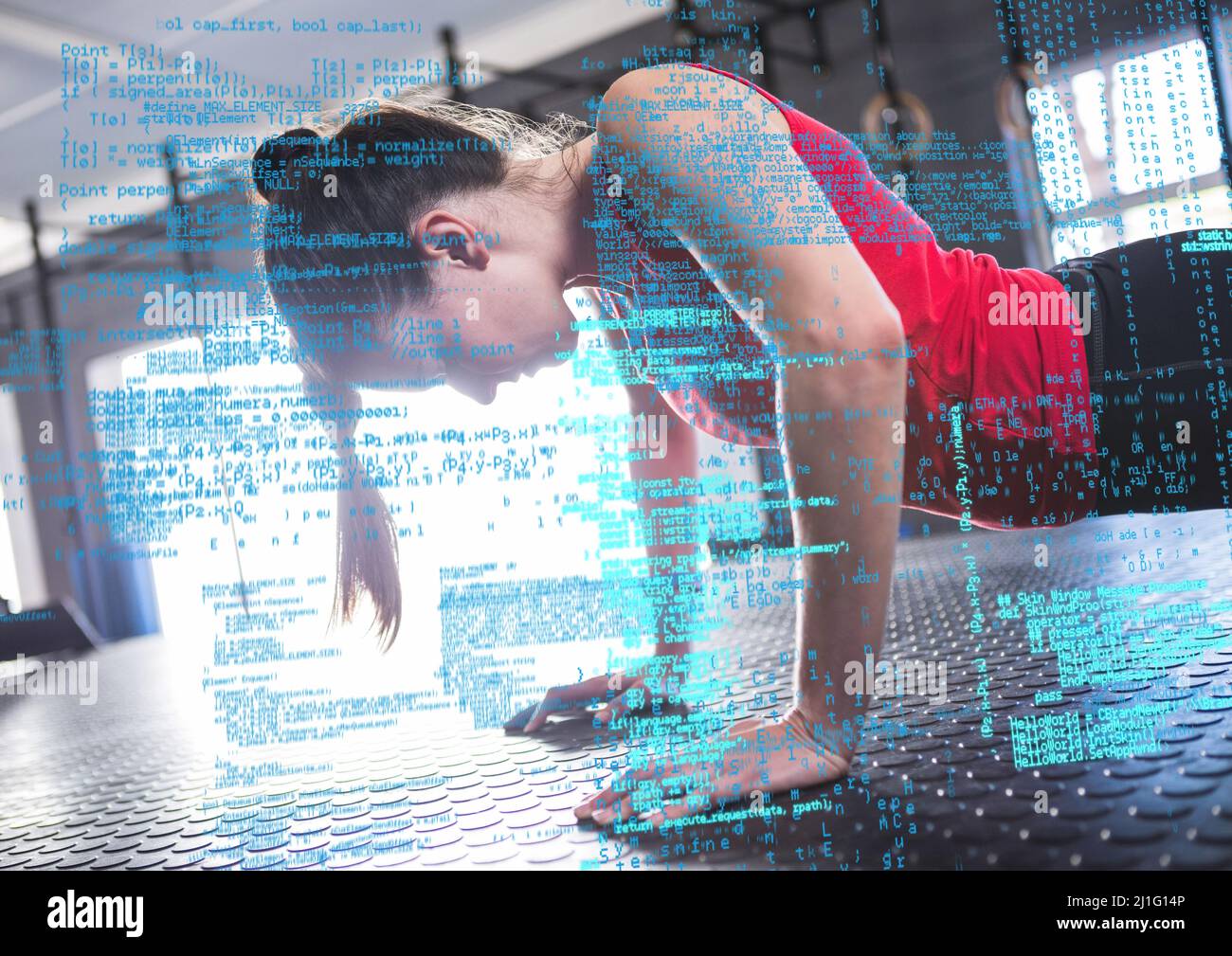 Data processing against caucasian fit woman performing push up exercise ...