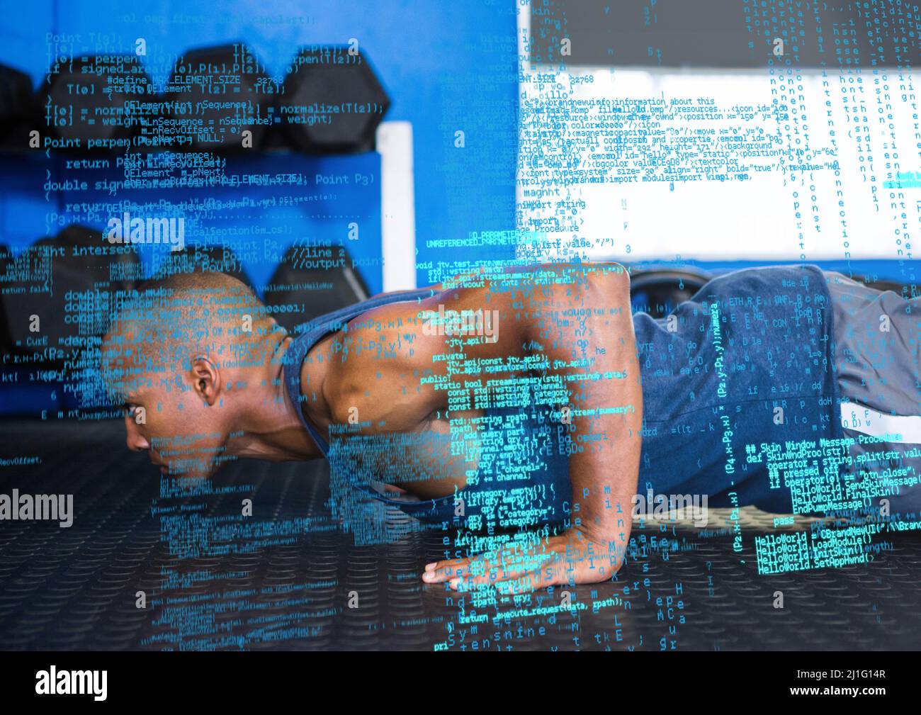 Data processing against african american fit man performing push up exercise at the gym Stock ...