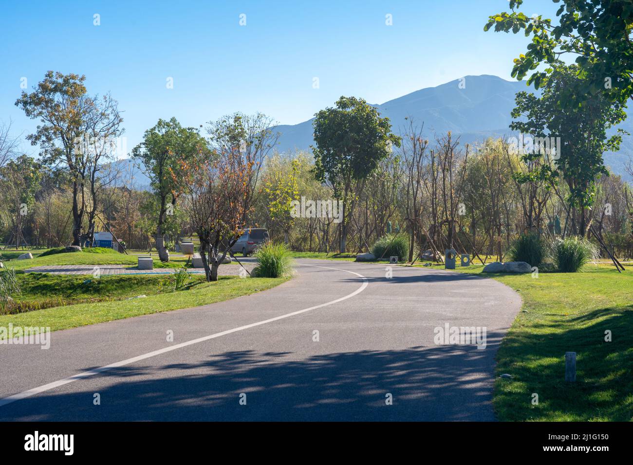a photo of road surrounded by trees Stock Photo - Alamy