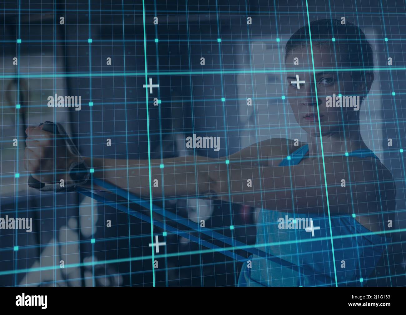 Grid network against caucasian fit woman working out with resistance ...