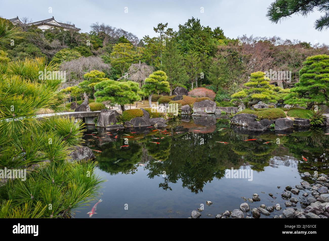Himeji, Japan - January 6, 2020. Exterior shot of a Japanese garden ...