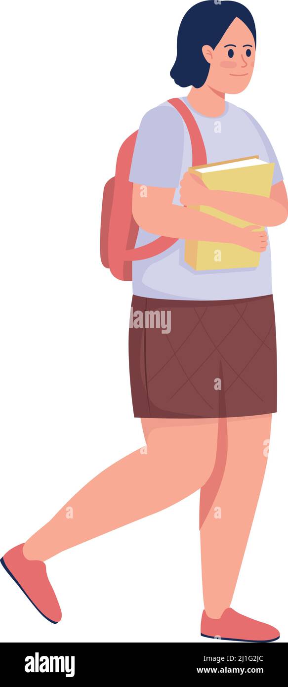 Happy female college student with books semi flat color vector ...