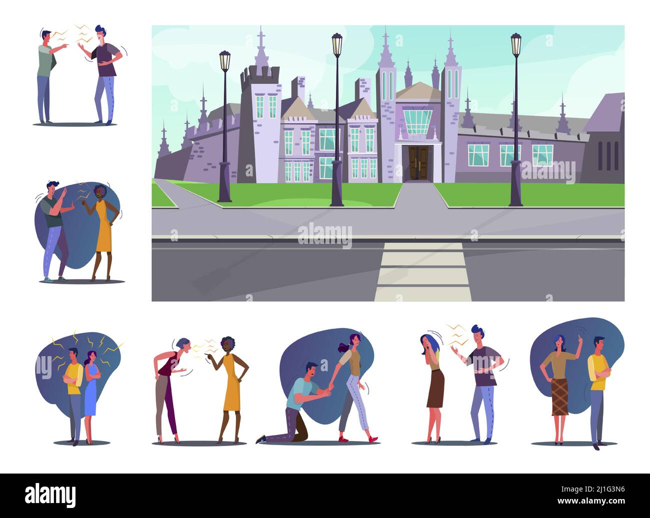 Set of people having various conflicts. Flat vector illustrations of ...