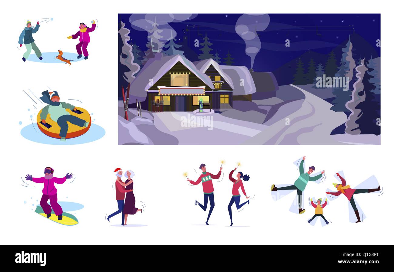 Set of people relaxing during winter holidays. Flat vector ...