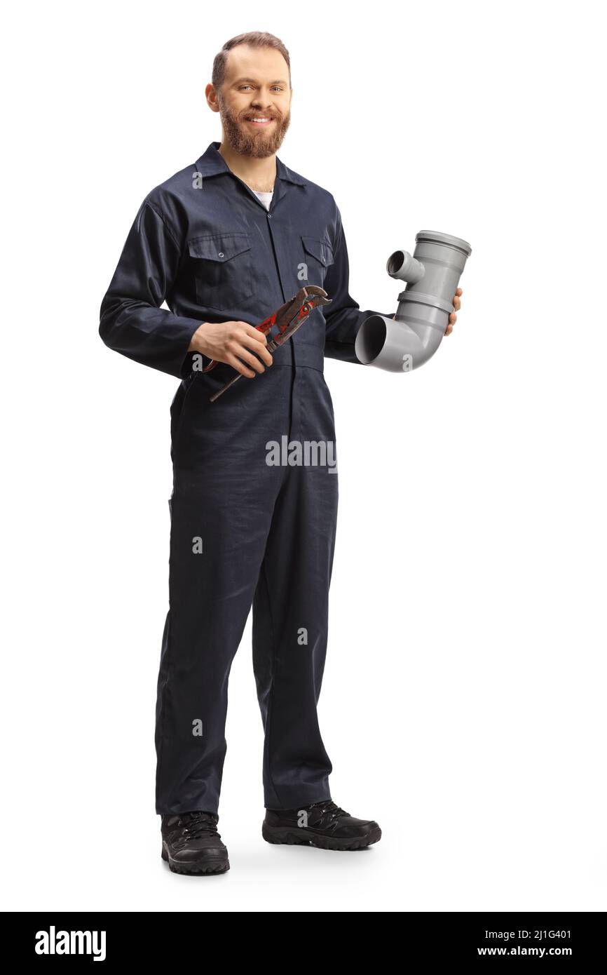 Full length portrait of a plumber holding a plastic pipe and pliers ...