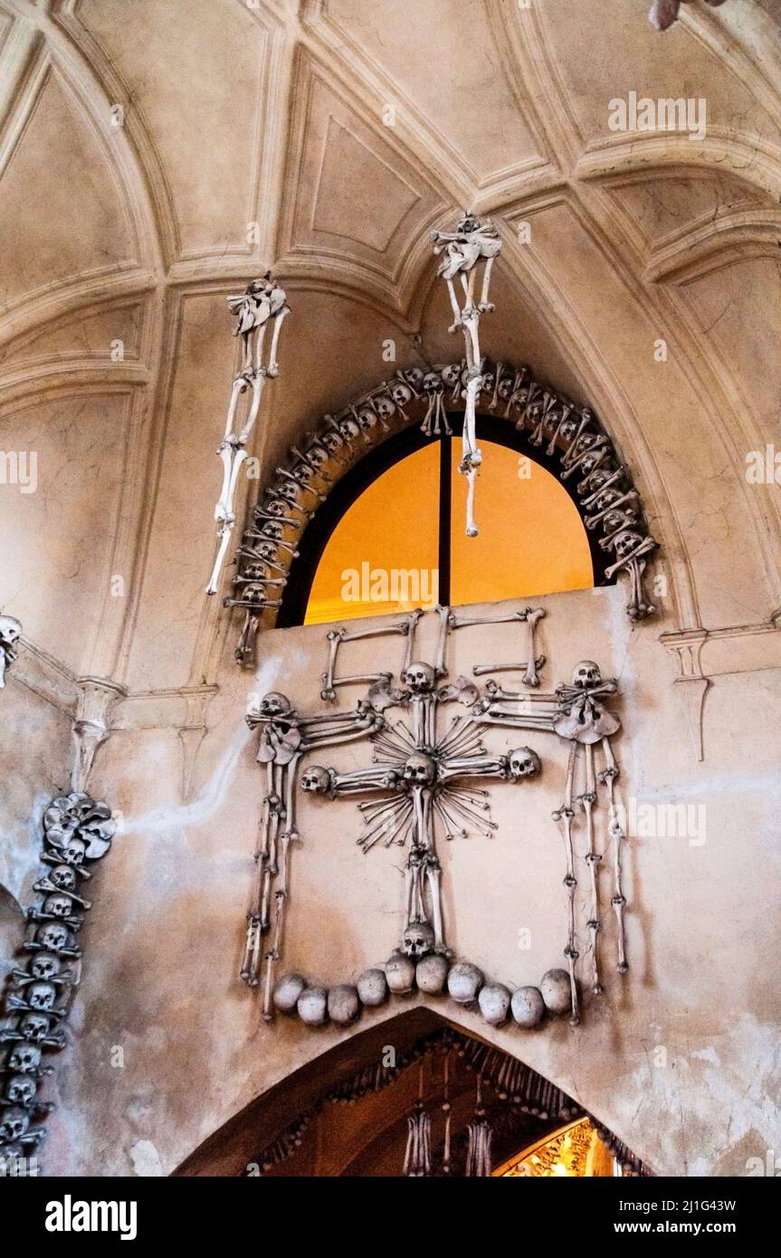 Entrance and vaulted ceiling of the Bone Chapel Sedlec Ossuary in Kutná ...
