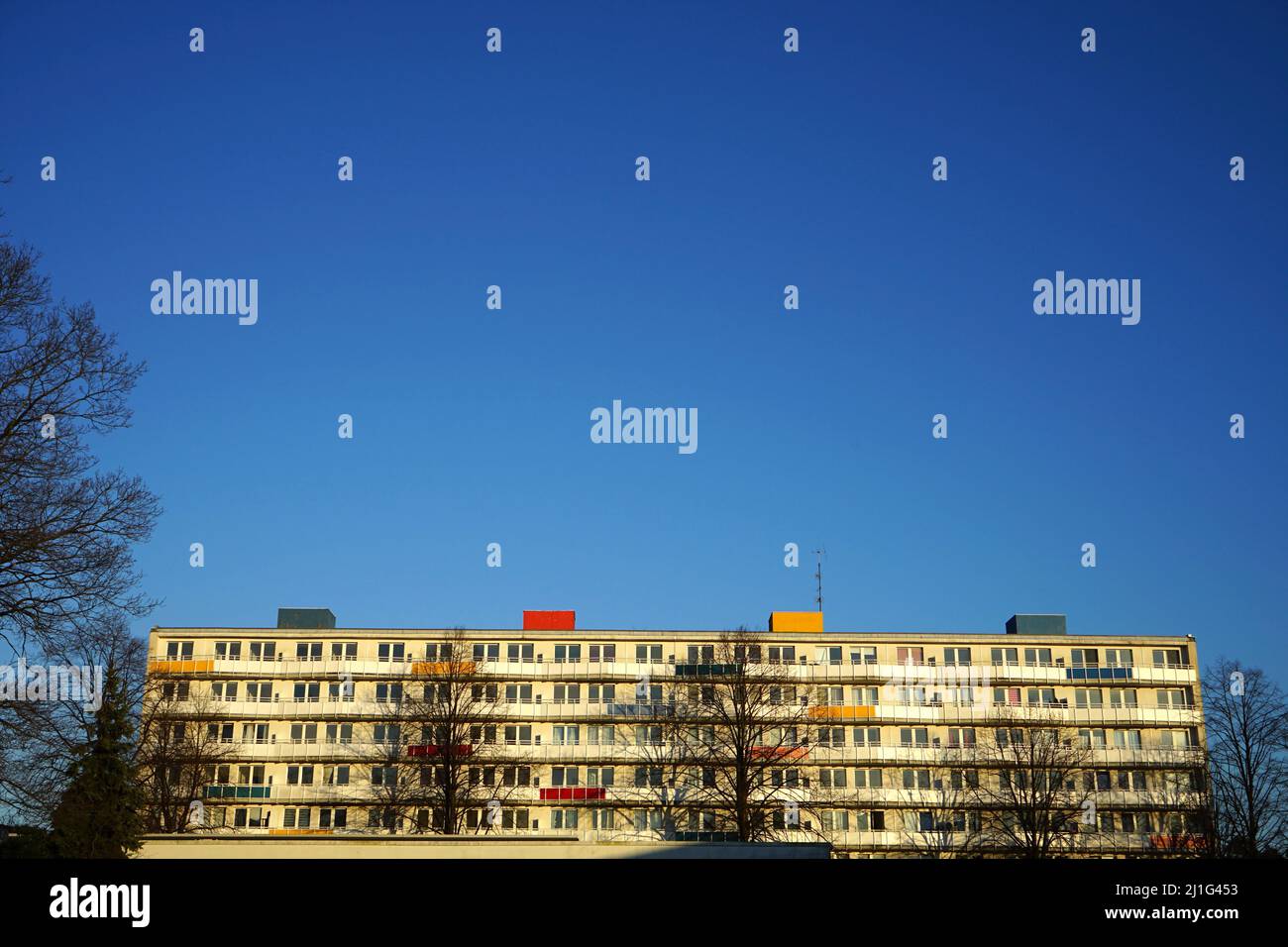 a photo of apartment building behind trees Stock Photo - Alamy