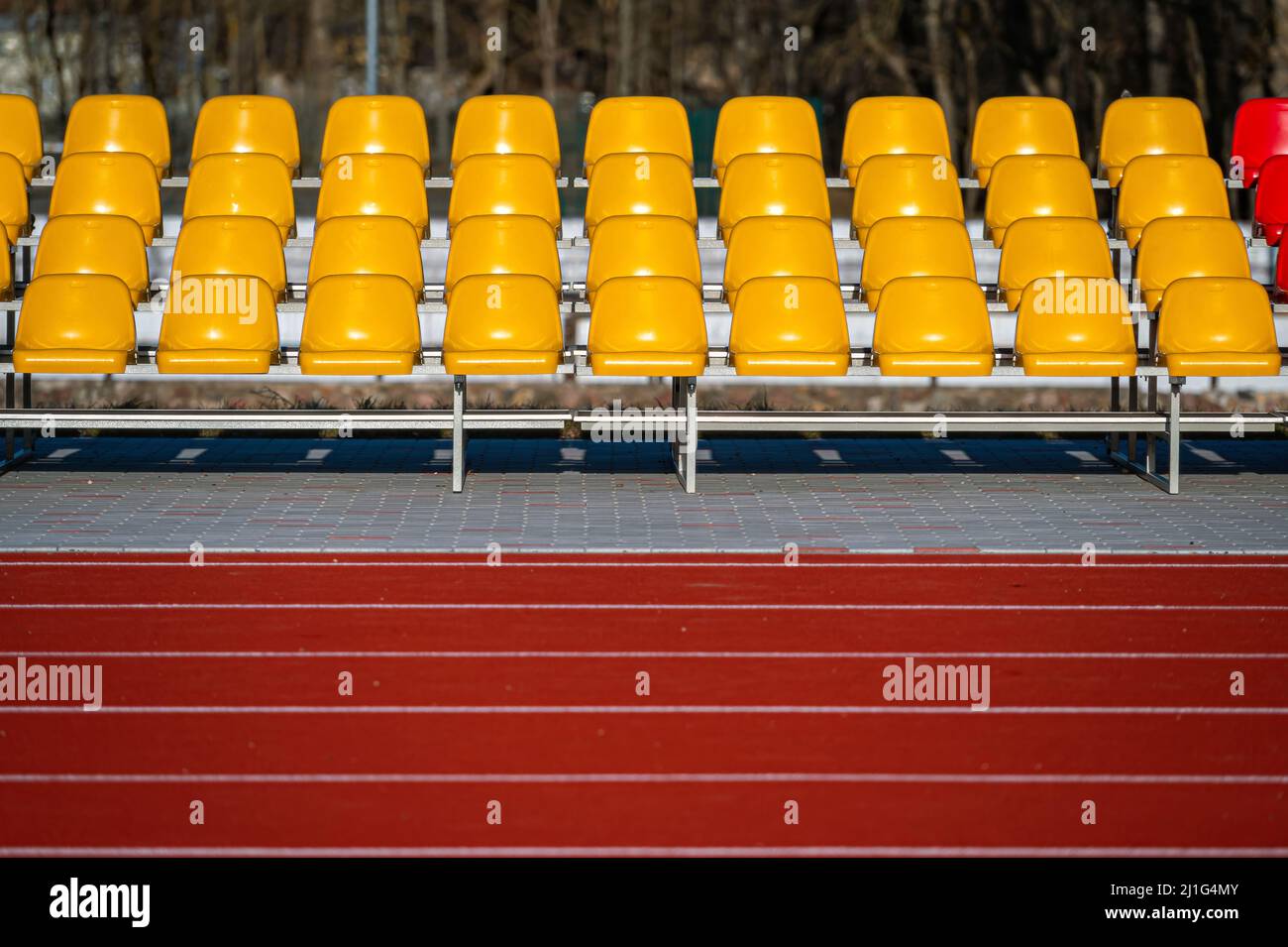 Grandstand stadium with yellow seats outdoors front view Stock Photo ...