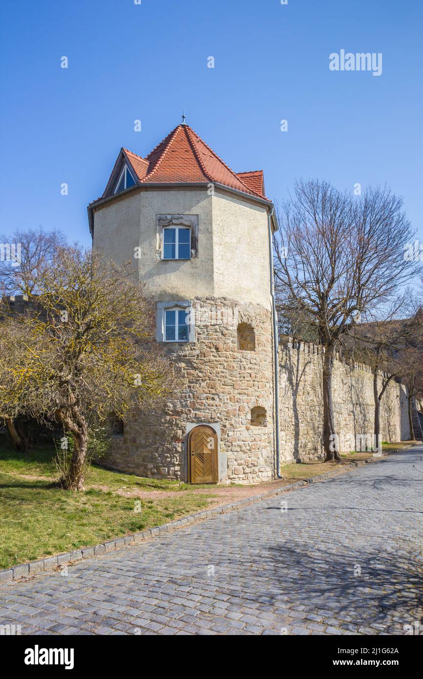 Corner tower on the surrounding wall of the castle in Seeburg, Germany ...