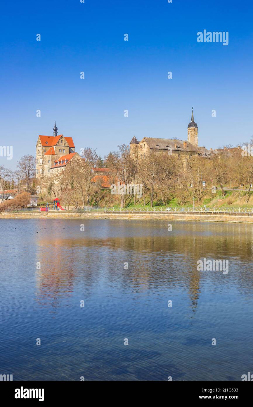 Blue colors of the lake in front of the castle in Seeburg, Germany ...