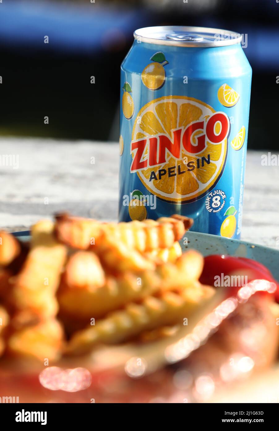 Outdoor cooking, here smoked thick barbecue sausage, french fries and a ...