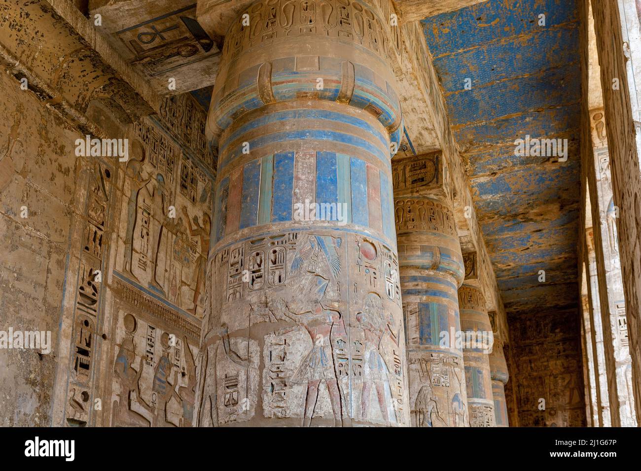 Painted columns of the hypostyle hall in the Mortuary Temple of ...