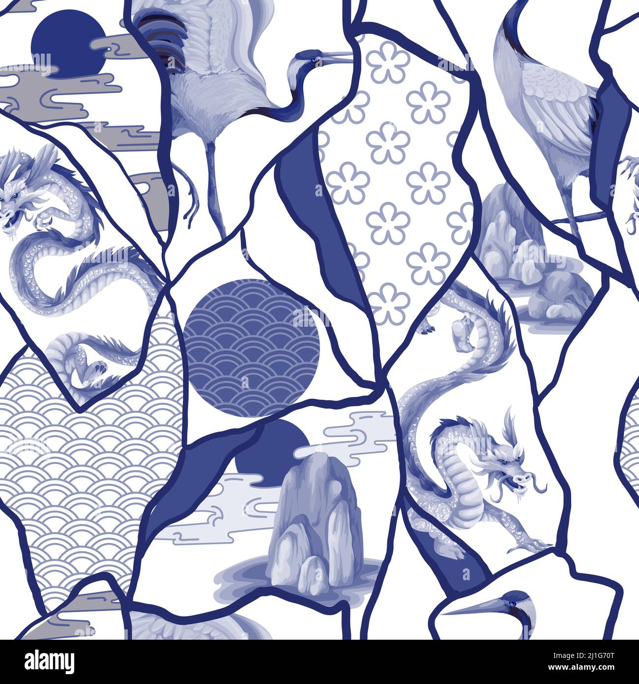 Seamless pattern with dragons in kintsugi style. Oriental trendy print ...