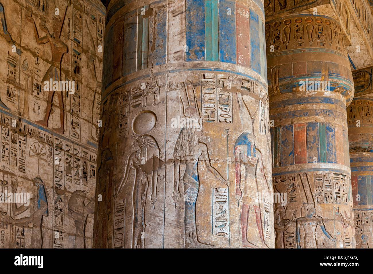 Painted columns of the hypostyle hall in the Mortuary Temple of ...