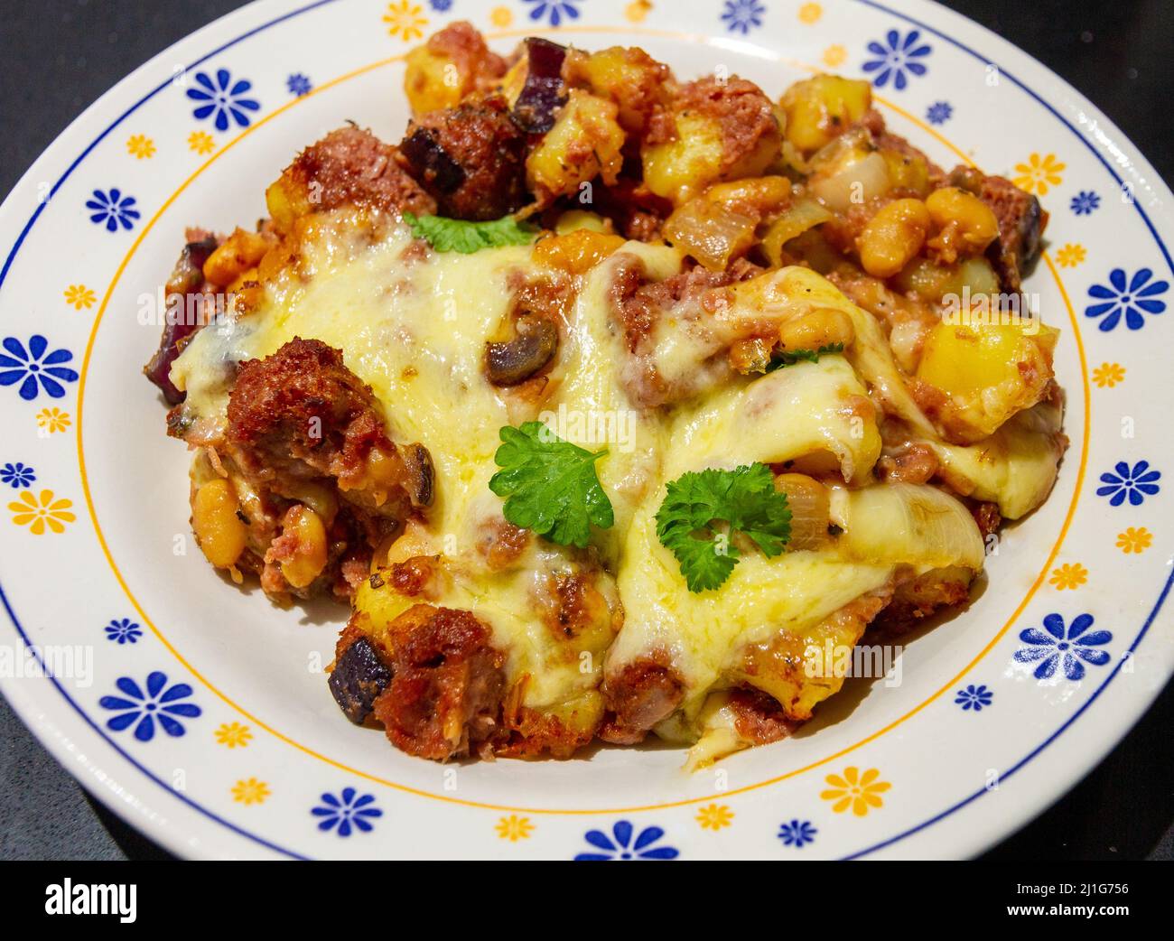 Corned beef hash on decorative plate Stock Photo - Alamy