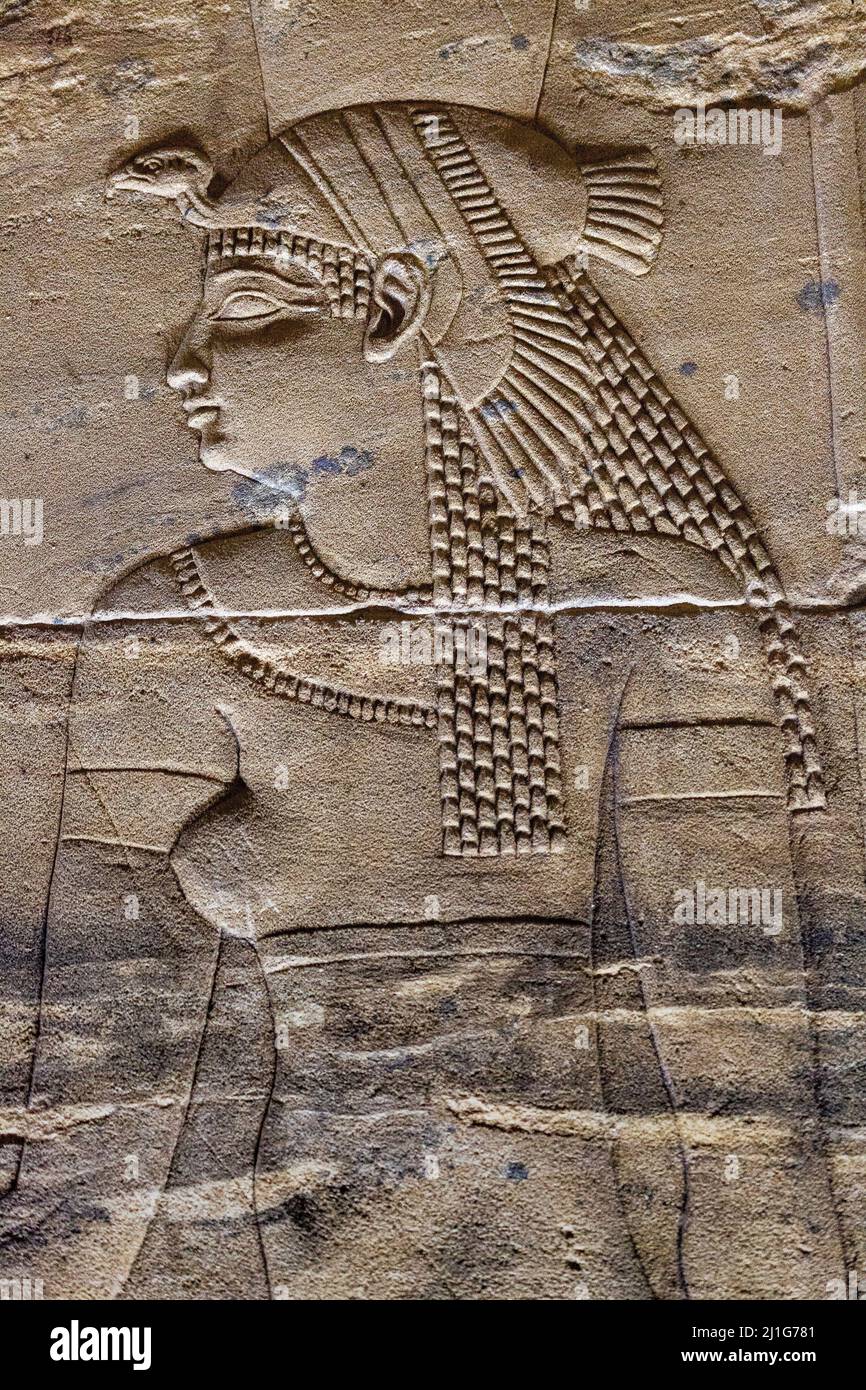 Bas-relief carving of the goddess Isis in the Temple of Isis at Philae ...