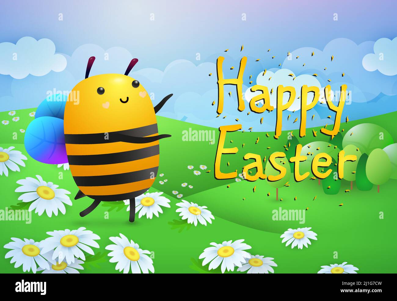 Happy Easter lettering and bee on lawn with flowers. Easter greeting ...
