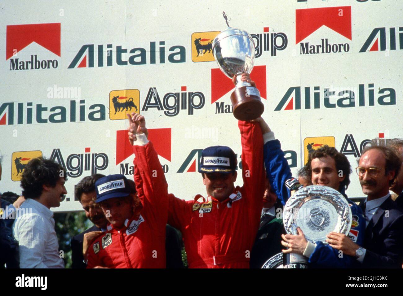 On podium 1st position Patrick Tambay (FRA) Ferrari 2nd position Alain ...