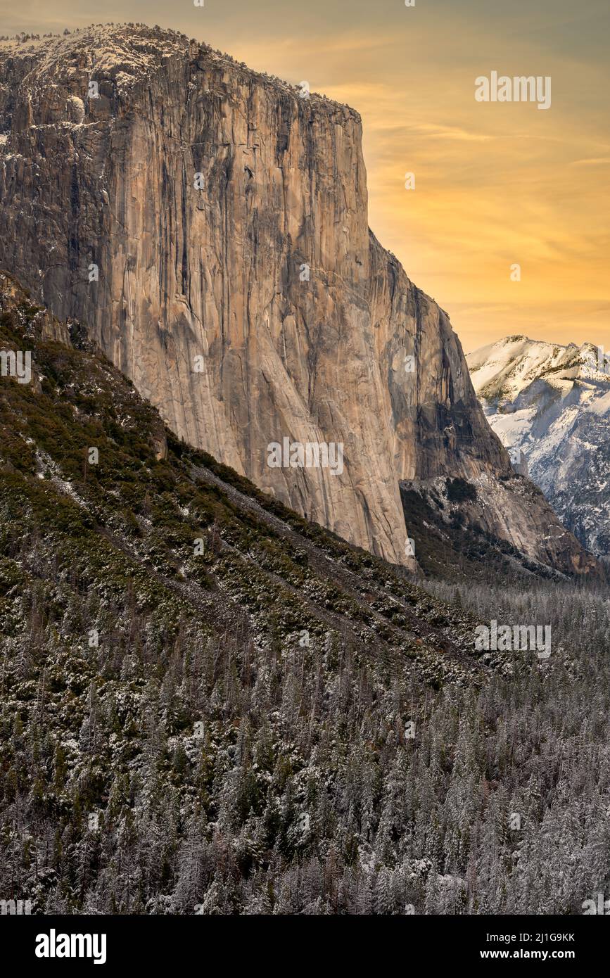 El Capitan famous massive granite mountain elevated view at sunrise in ...
