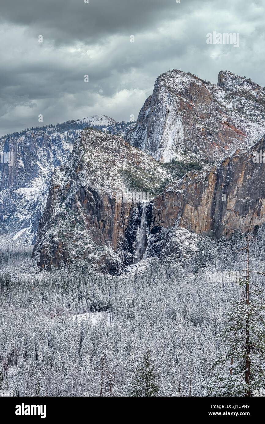 Yosemite Valley vertical view with Cathedral Spires and Bridalveil ...