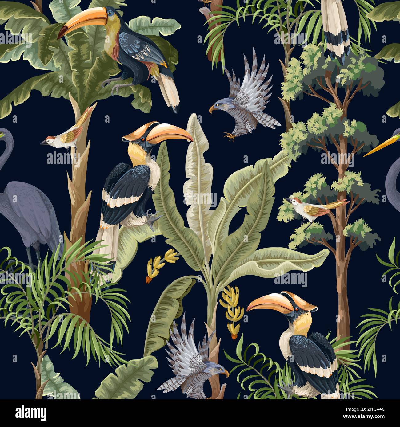 Seamless pattern with jungle trees and tropical birds. Vector Stock ...
