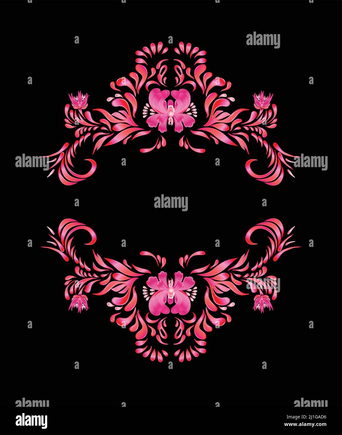 Round frame with flowers on black background in pastel pink colors ...