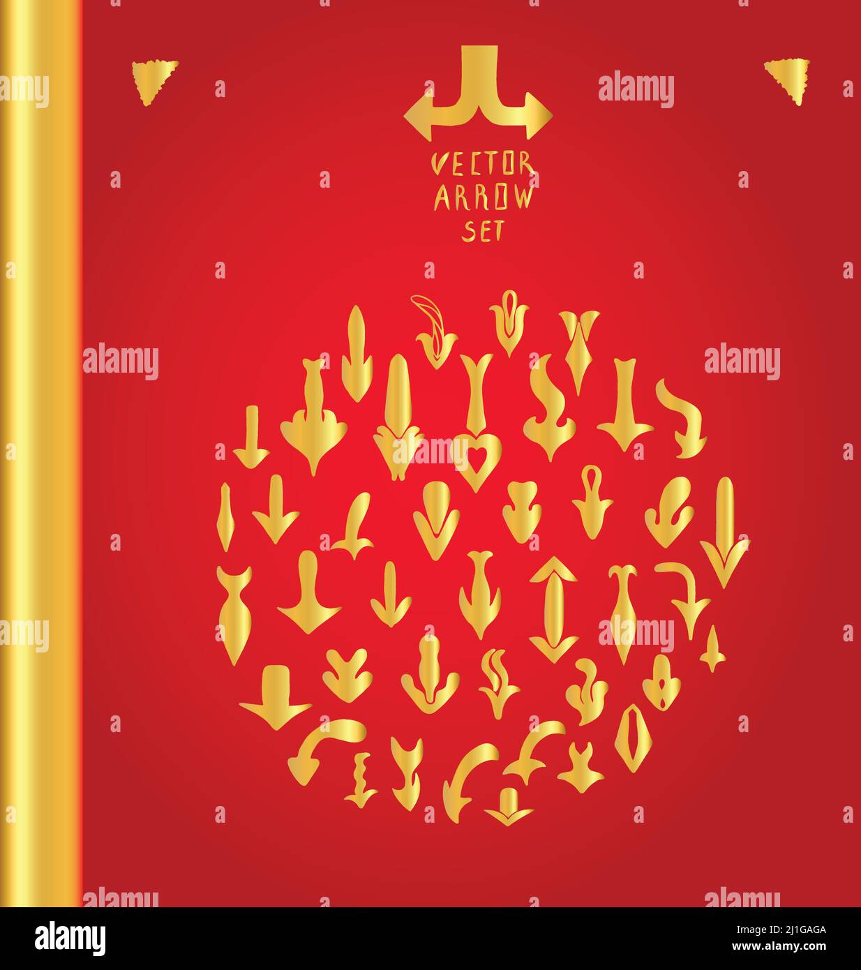 Metal gold arrow symbol. Glossy shapes with reflection on red ...